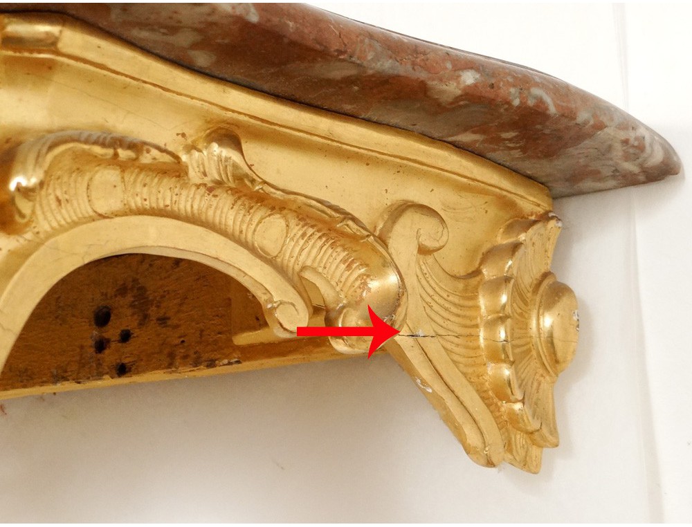 Pair consoles carved gilt Louis XV rococo marble shells eighteenth