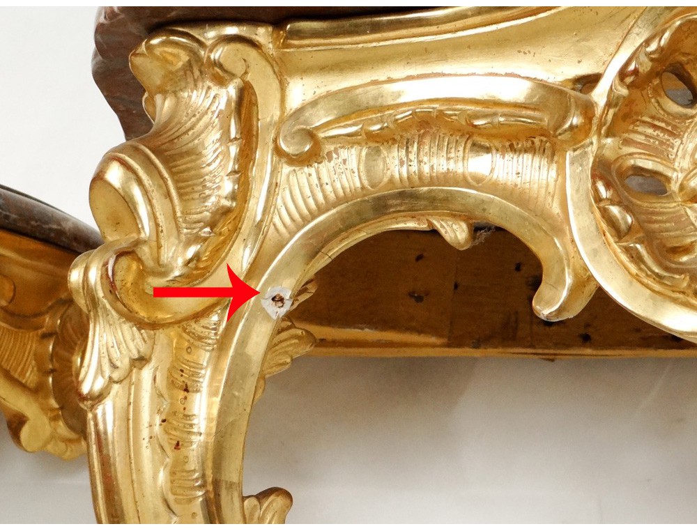 Pair consoles carved gilt Louis XV rococo marble shells eighteenth