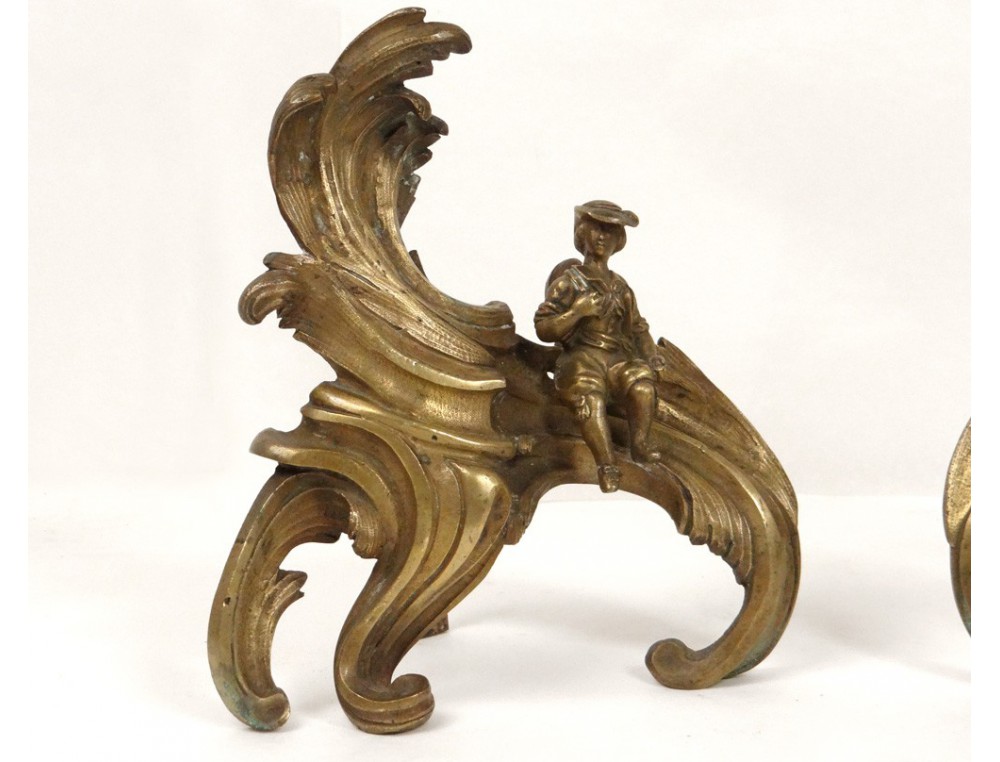 Pair of gilt bronze andirons andiron foliage characters children XVIII