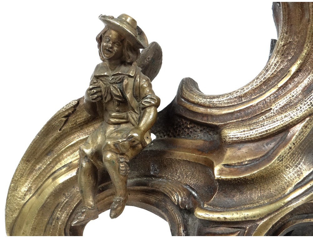Pair of gilt bronze andirons andiron foliage characters children XVIII