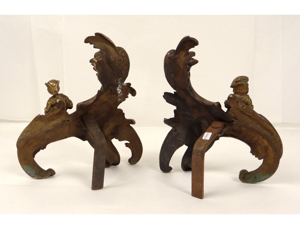 Pair of gilt bronze andirons andiron foliage characters children XVIII