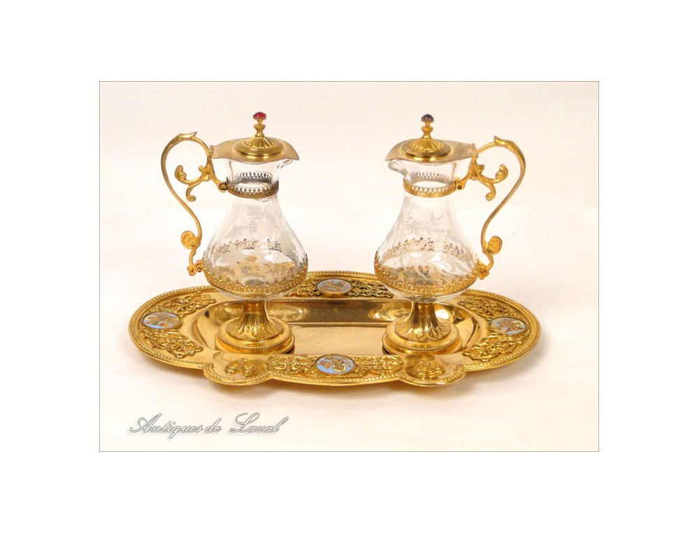 Cruets crystal gold metal and enamel 19th Evangelists