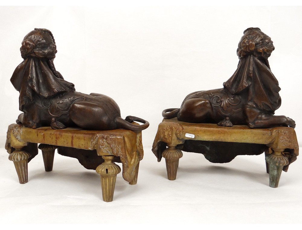 Superb pair andirons bronze sphinxes Back Egypt I nineteenth century Empire