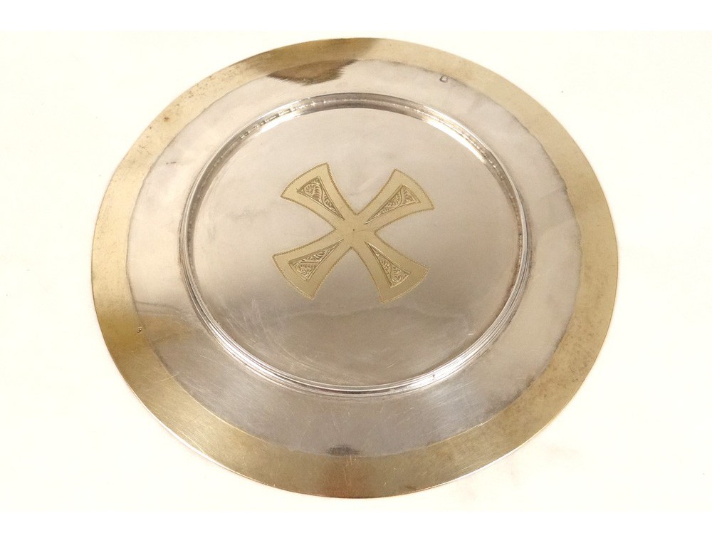 Solid silver gilt chalice paten Minerva flowers silver chalice cross 19th
