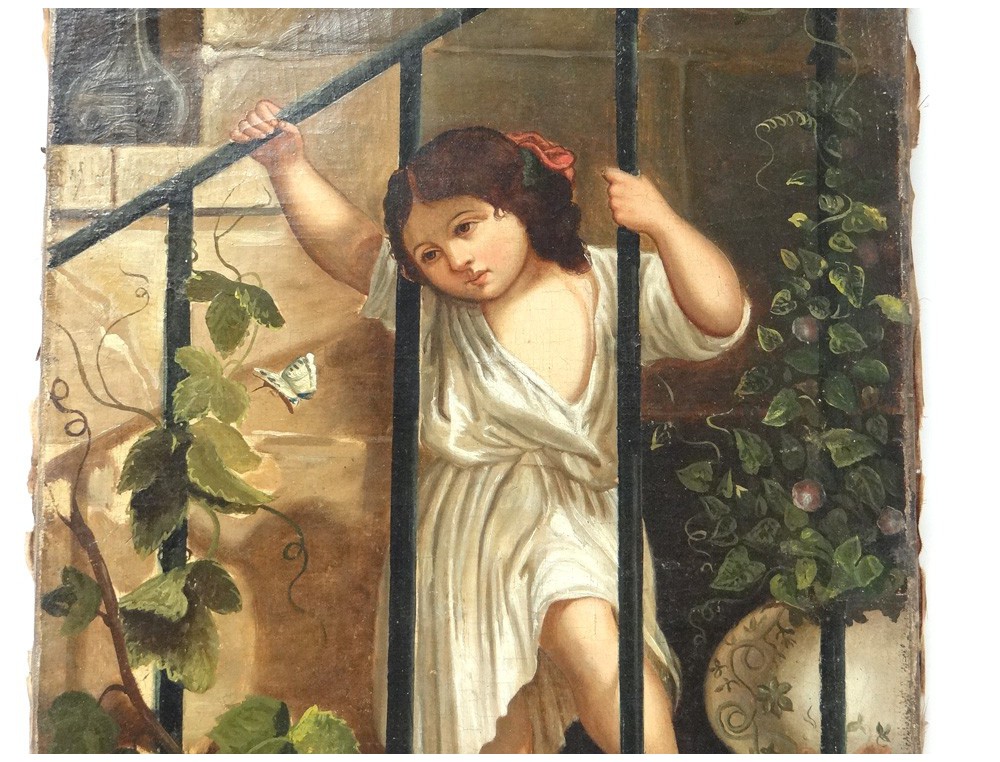 HST panel portrait small child girl butterfly vine naive painting XIX