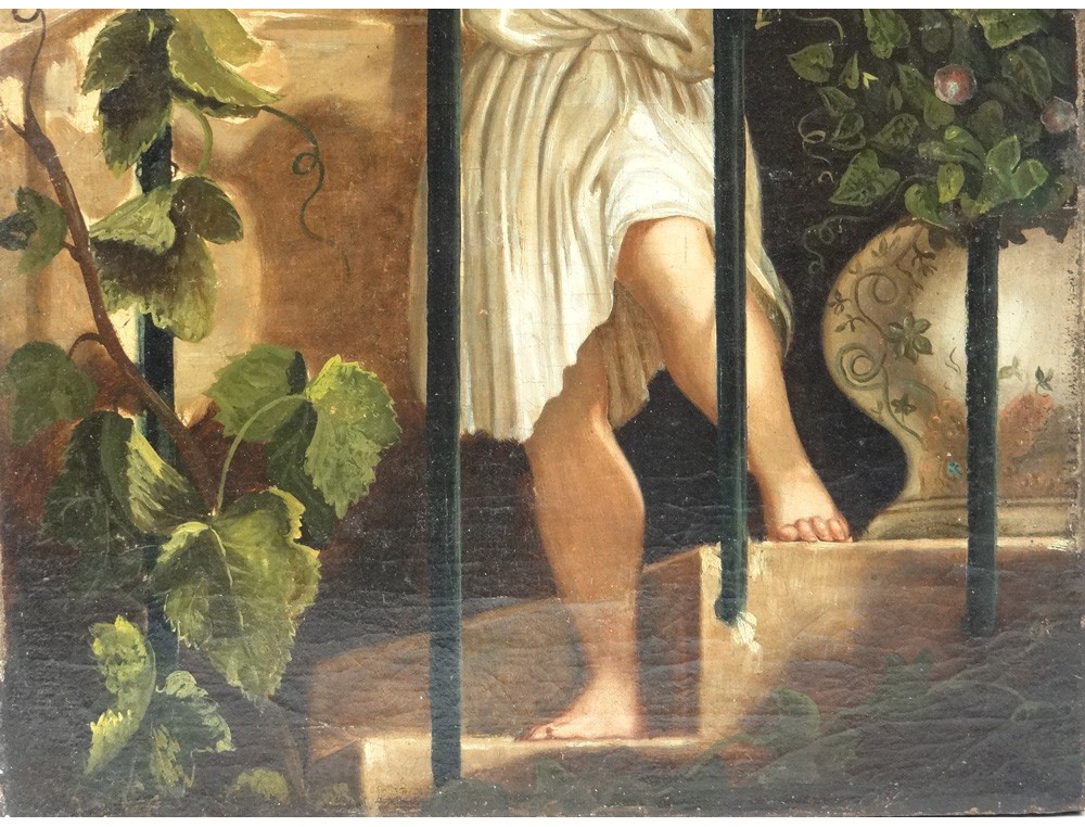 HST panel portrait small child girl butterfly vine naive painting XIX