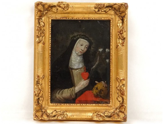 Rare oil on copper portrait religious Sainte Vanity Sacred Heart XVII