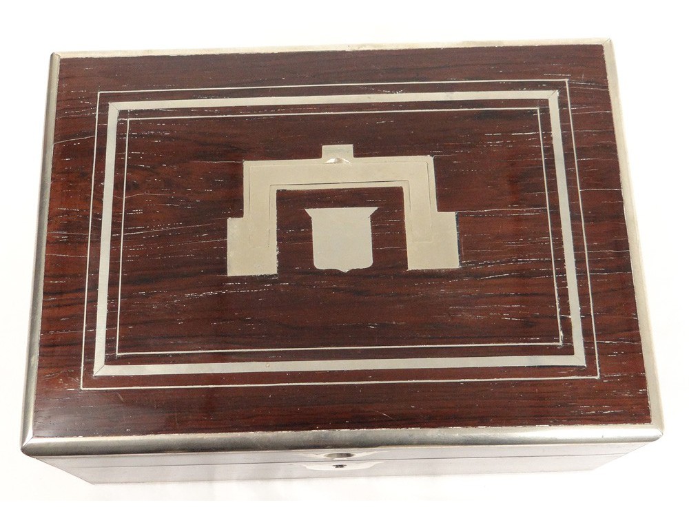 Silver metal box Rosewood box crest Tahan Paris Napoleon III 19th
