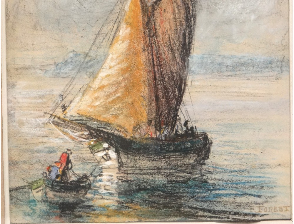 Pastel tableau marine bateau personnages barque Sud France Méditerranée XXè