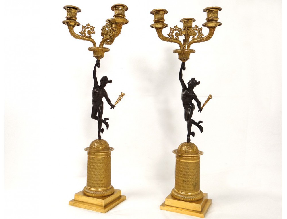 Rare paire candélabres bronze Mercure Hermès volant caducée Empire XIXème