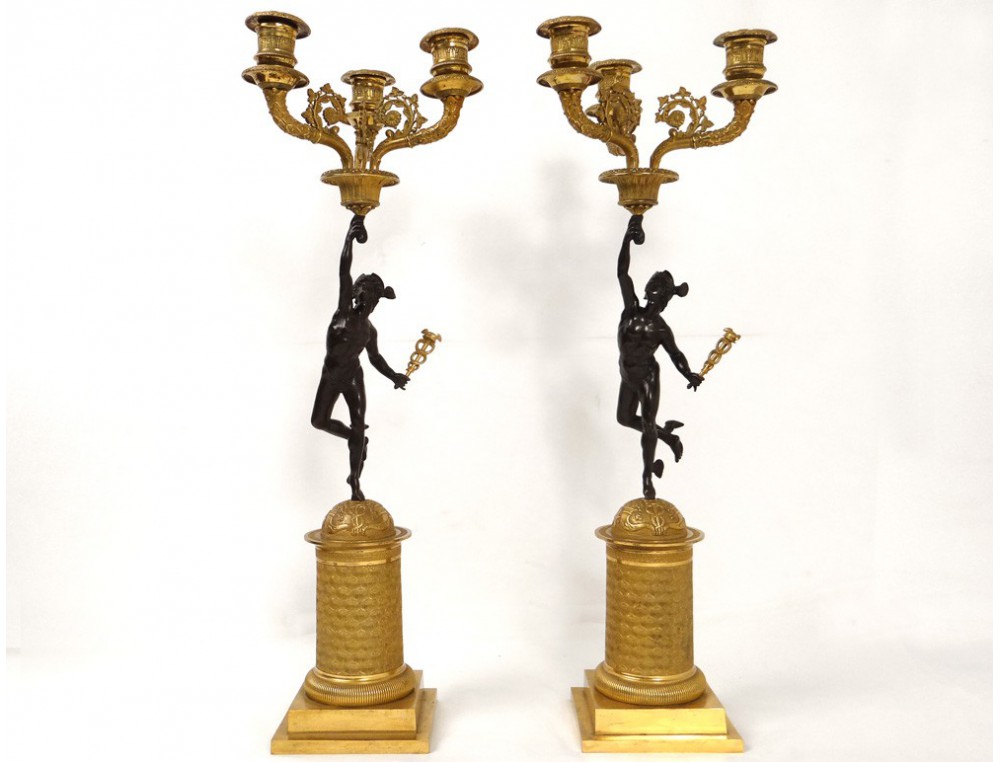 Rare paire candélabres bronze Mercure Hermès volant caducée Empire XIXème