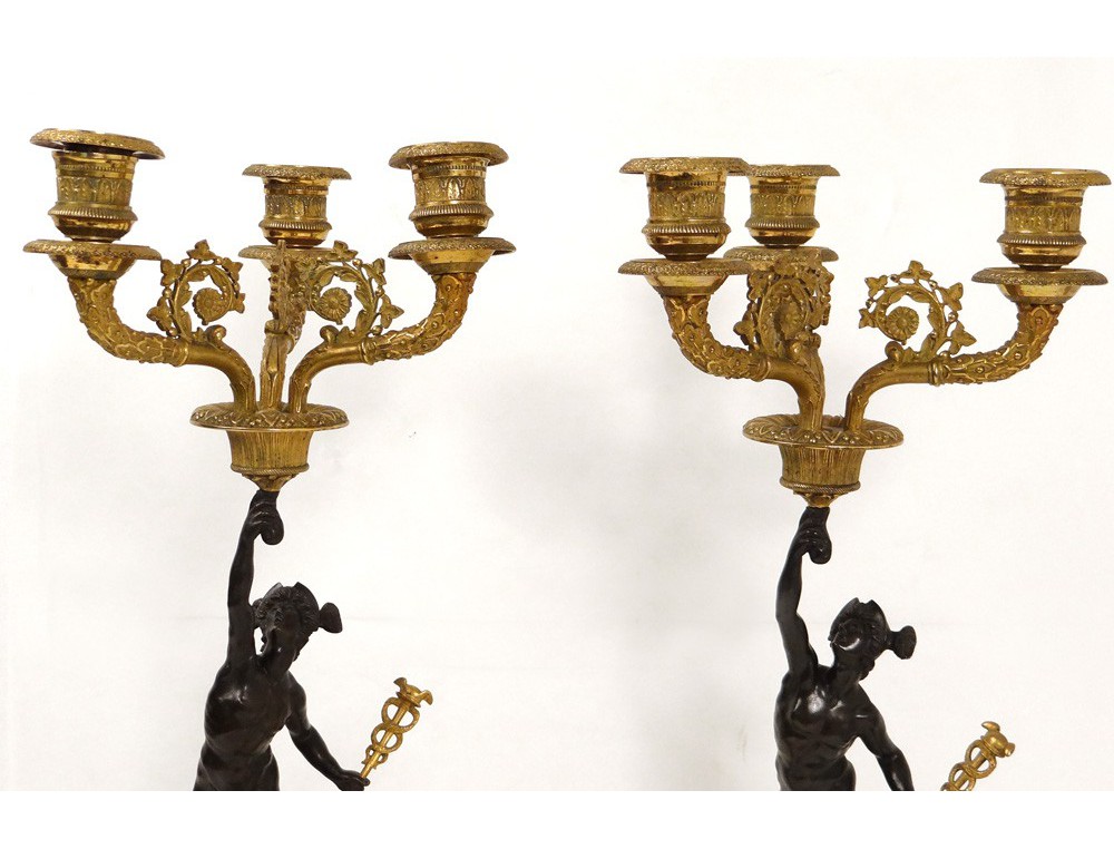 Rare paire candélabres bronze Mercure Hermès volant caducée Empire XIXème