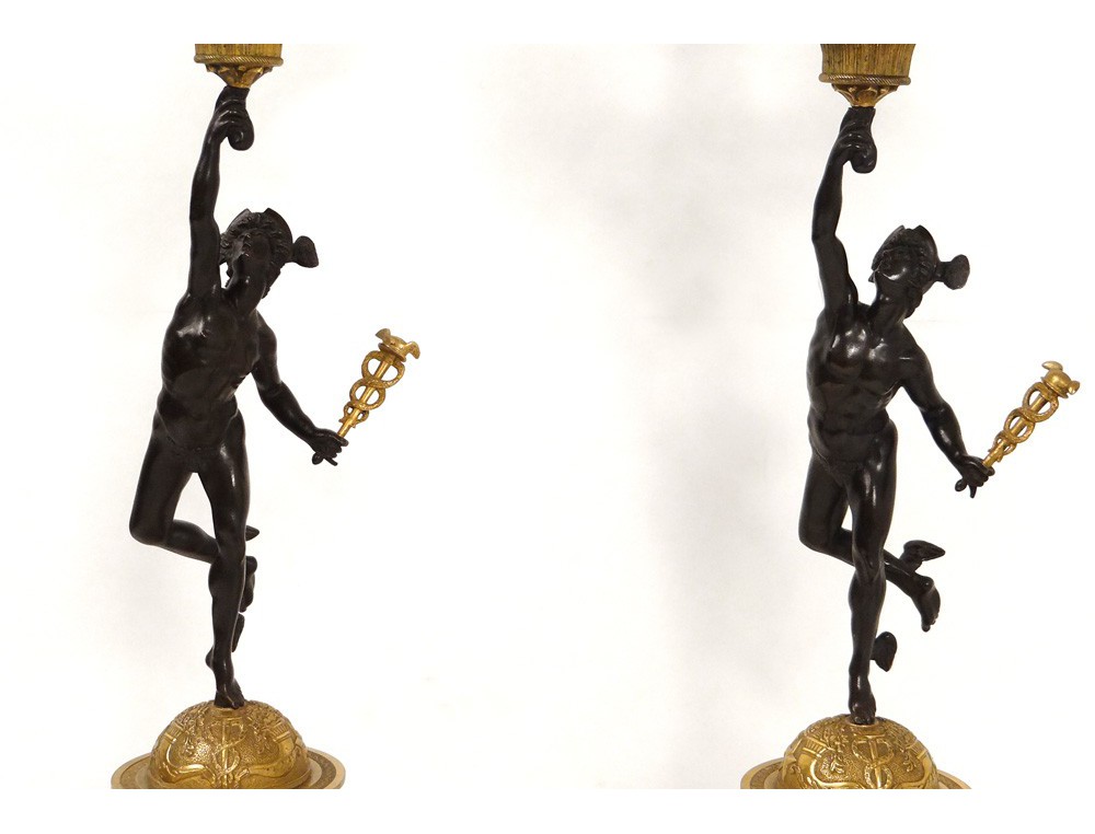 Rare paire candélabres bronze Mercure Hermès volant caducée Empire XIXème