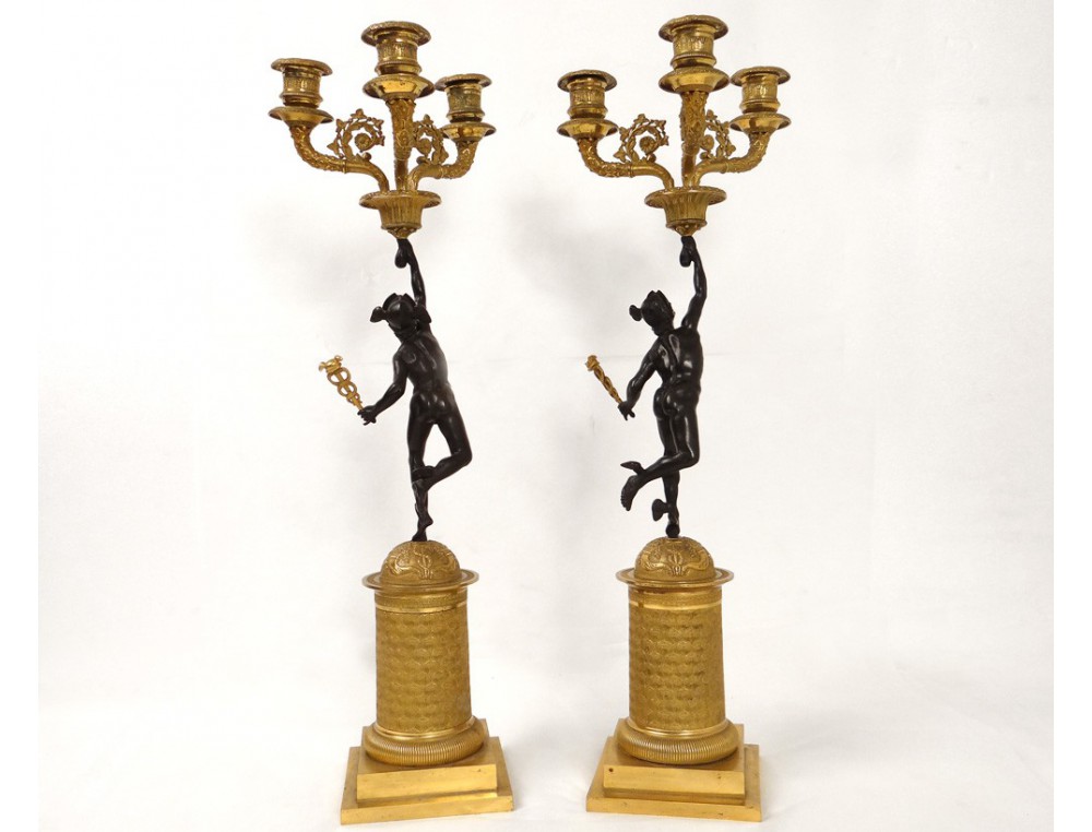 Rare paire candélabres bronze Mercure Hermès volant caducée Empire XIXème