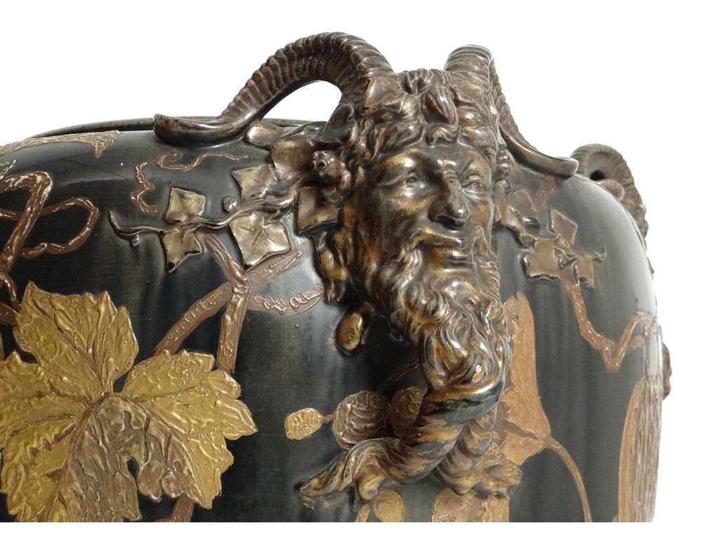 Large pot glazed ceramic fauna satyr japonisant Art Nouveau 19th