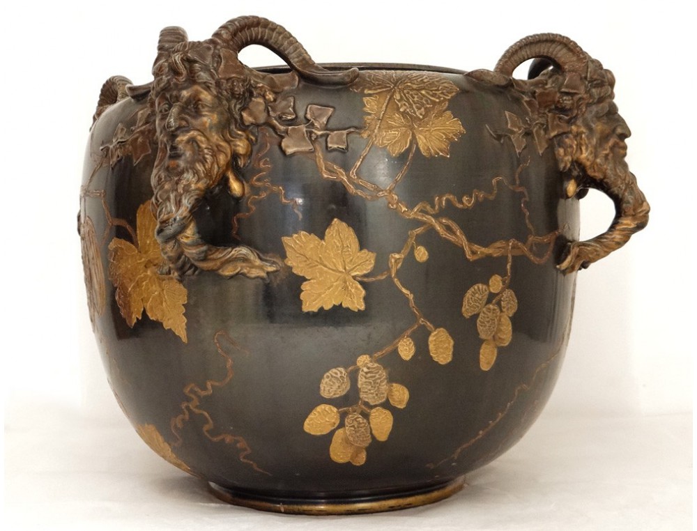 Large pot glazed ceramic fauna satyr japonisant Art Nouveau 19th