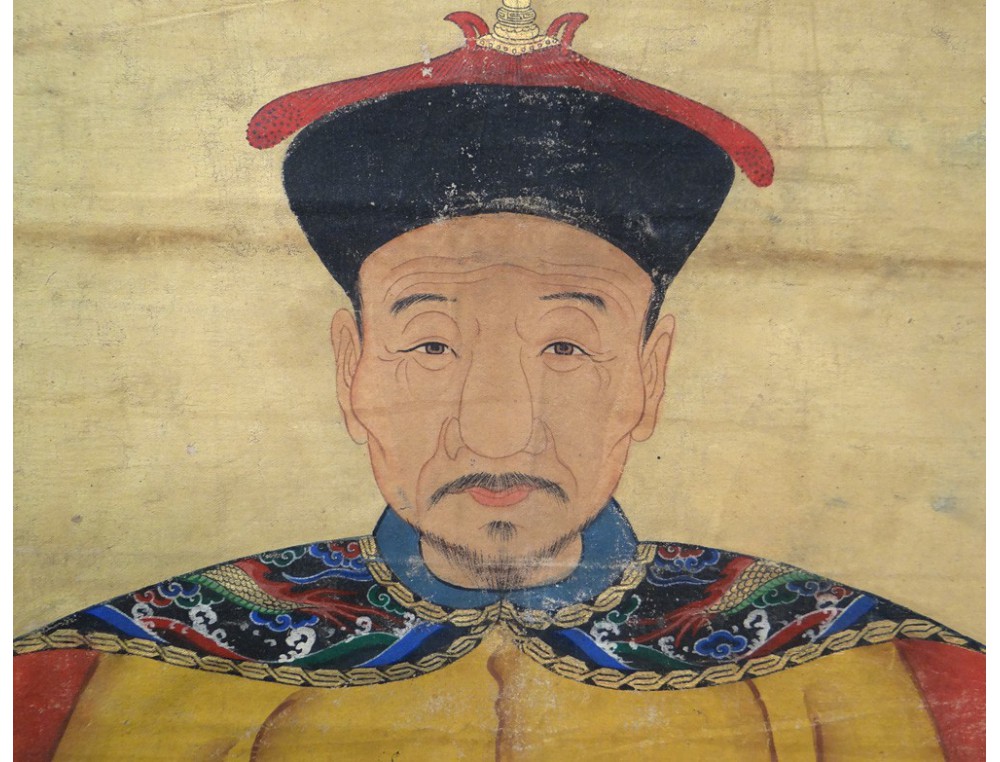 Paire grandes peintures portraits dignitaire mandarin chinois femme XIXème