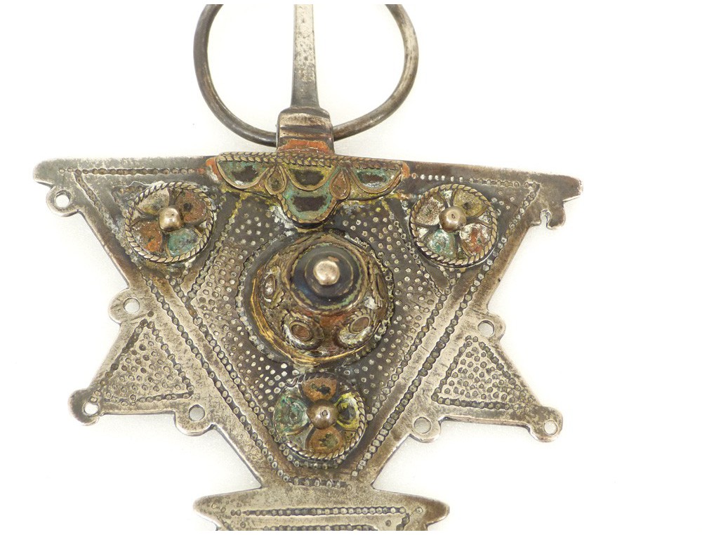 Bijou berbère amazigh paire fibule argent émaux couleur Maroc ethnique XIXè