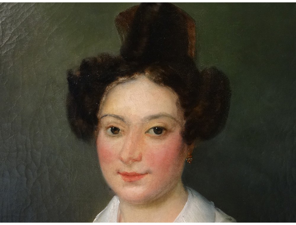 HST tableau portrait jeune femme romantique cadre stuqué doré XIXè siècle