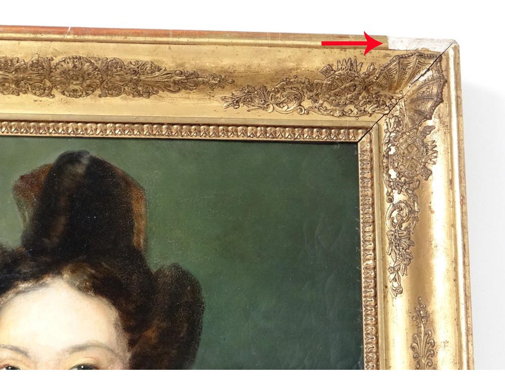 HST tableau portrait jeune femme romantique cadre stuqué doré XIXè siècle
