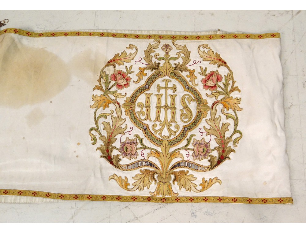 Altar antependium embroidered silk gold silver flowers IHS nineteenth ...