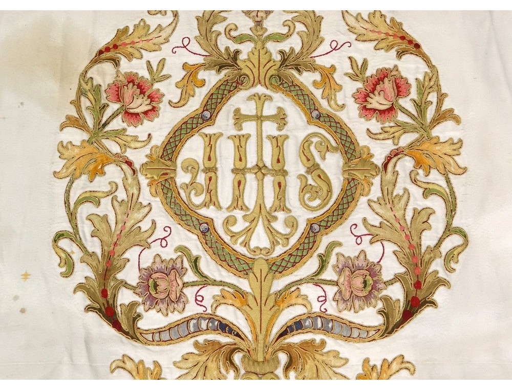 Altar antependium embroidered silk gold silver flowers IHS nineteenth ...