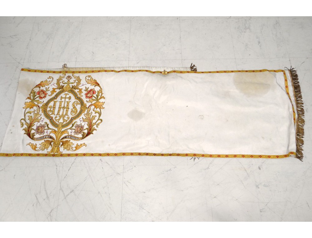 Altar antependium embroidered silk gold silver flowers IHS nineteenth ...
