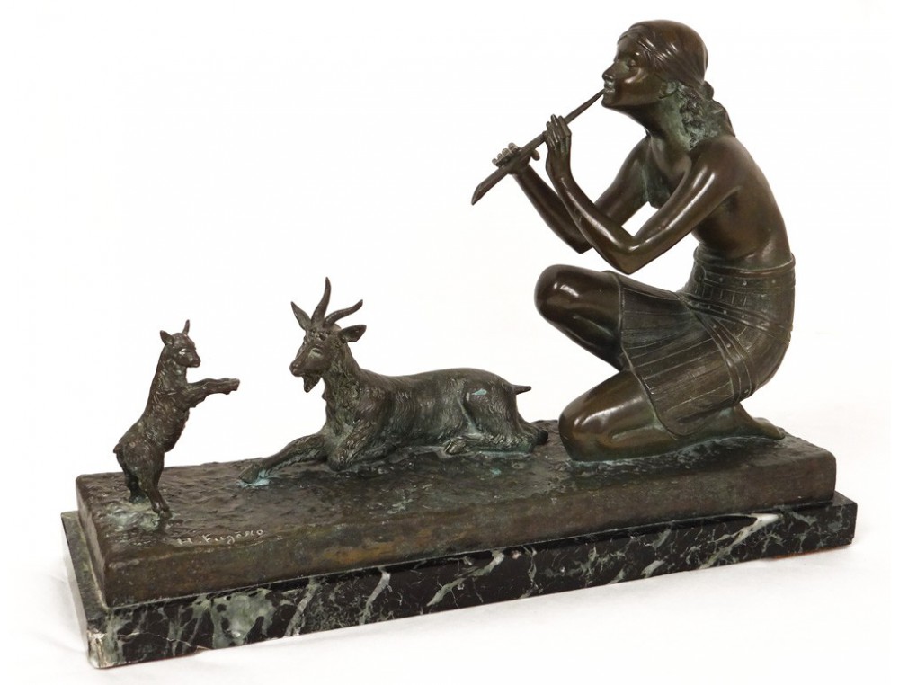 Henry Fugère bronze sculpture girl flute goats marble XXth century