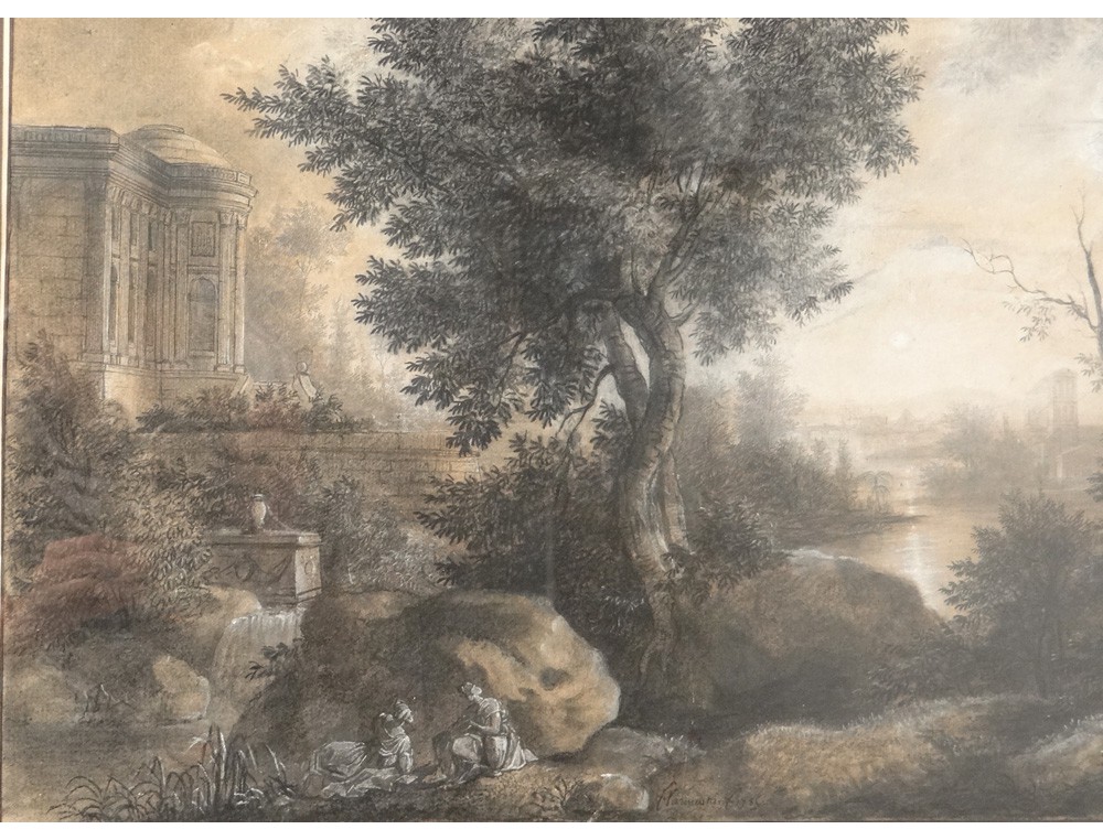 Pair charcoal drawings romantic landscape ancient ruins Parmentier XVIII
