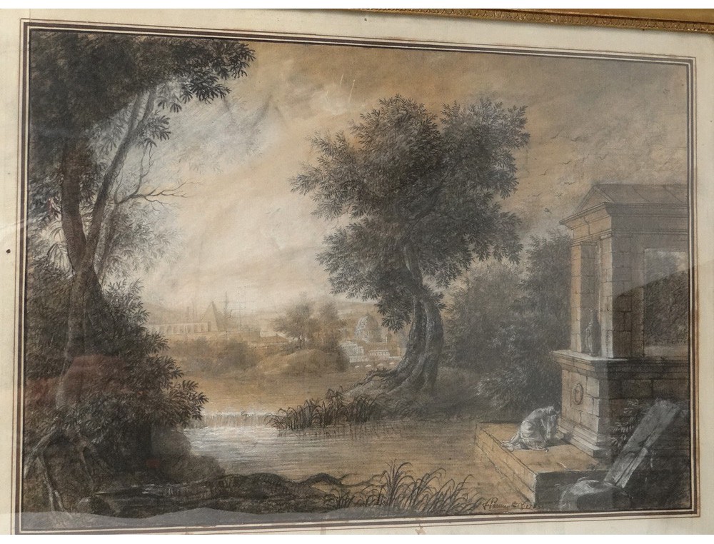 Pair charcoal drawings romantic landscape ancient ruins Parmentier XVIII