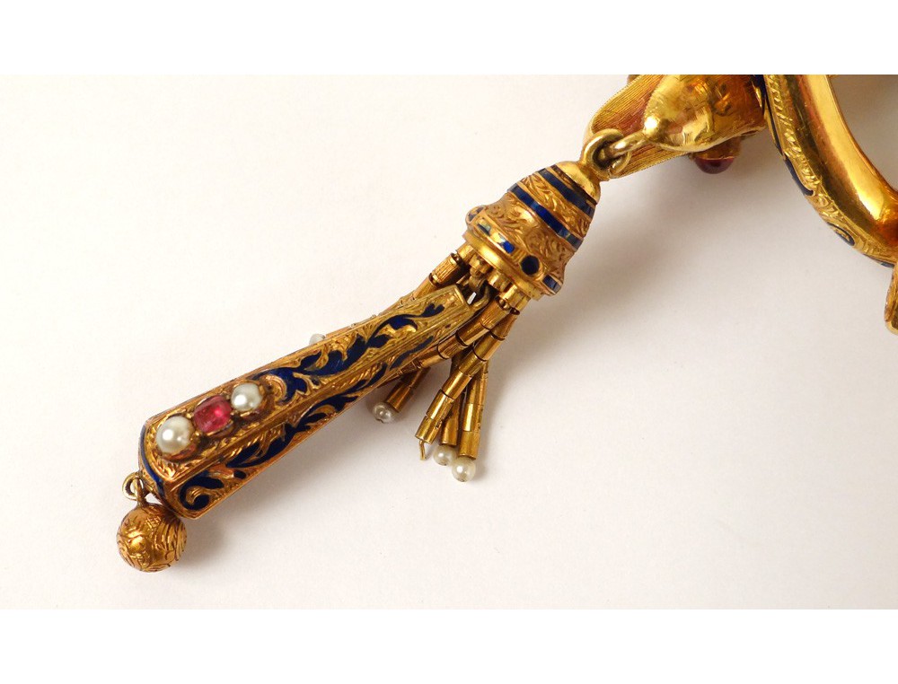 Superbe bijou broche aigle or massif 18K perles rubis émaux 28,52gr XIXème