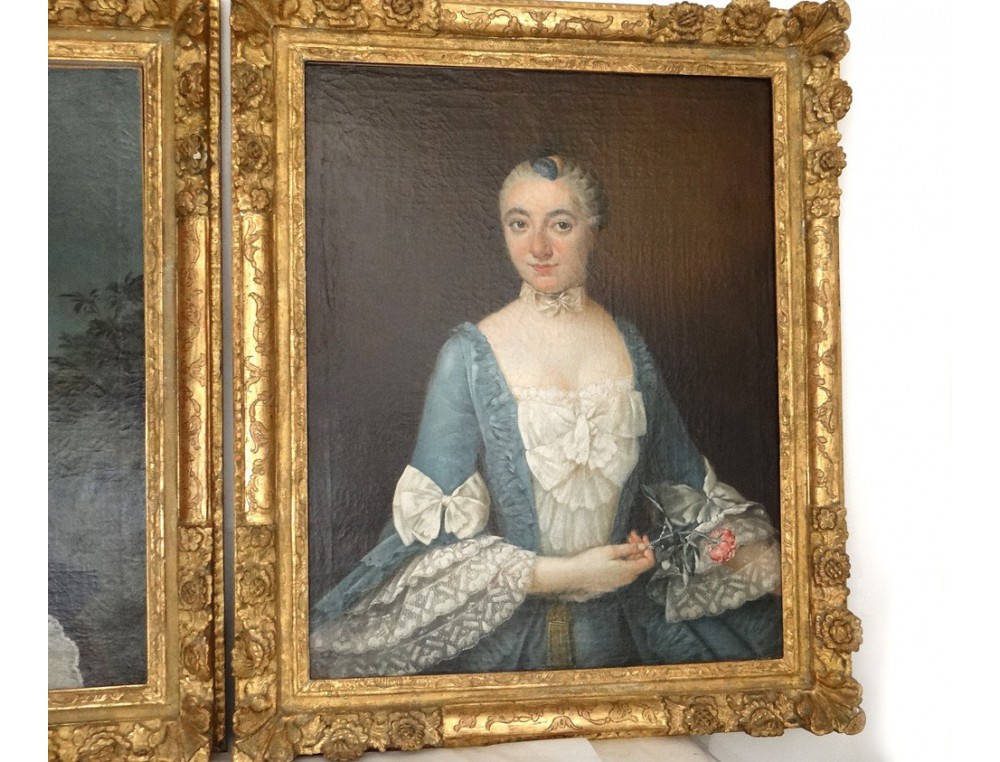 HST pair silky noble couple portrait Tours Roze carved frame XVIII