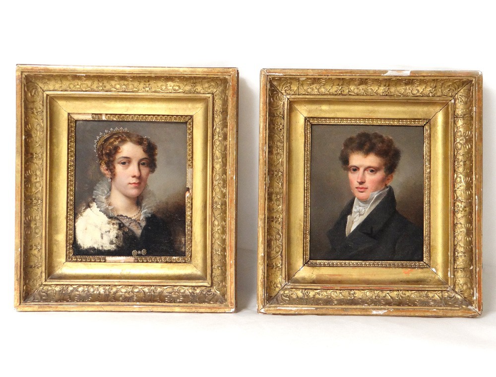 Pair HSP tables portraits man woman XIX Charles Bourgeois