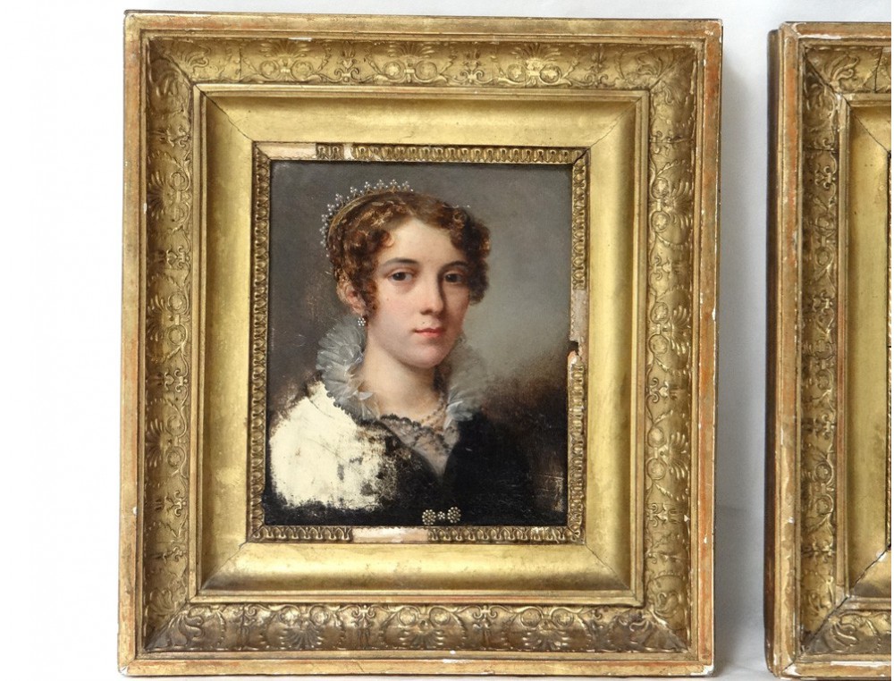 Pair HSP tables portraits man woman XIX Charles Bourgeois