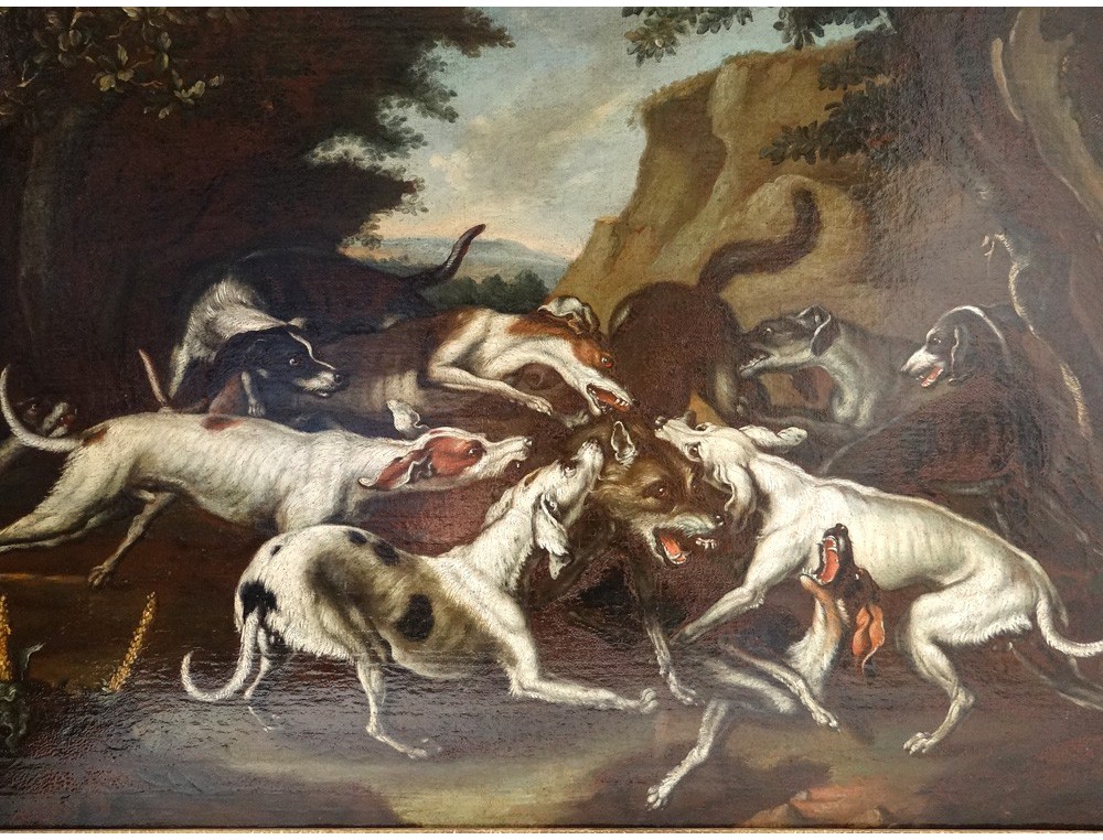 Pair HST scenes wolf hunting boar dogs French School Eighteenth