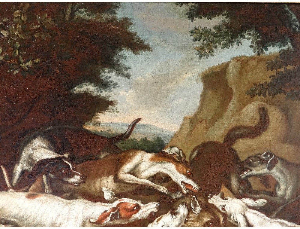 Pair HST scenes wolf hunting boar dogs French School Eighteenth