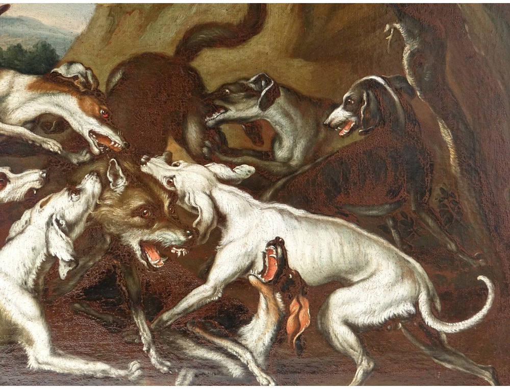 Pair HST scenes wolf hunting boar dogs French School Eighteenth