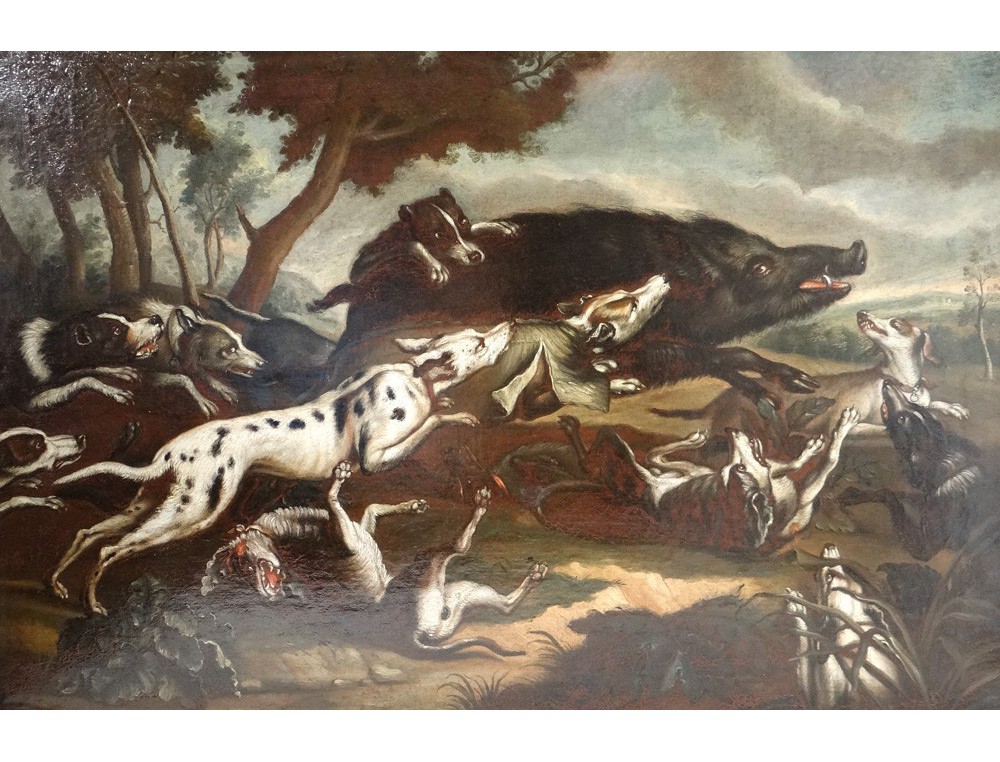 Pair HST scenes wolf hunting boar dogs French School Eighteenth