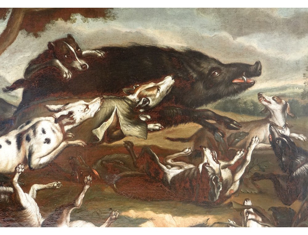 Pair HST scenes wolf hunting boar dogs French School Eighteenth