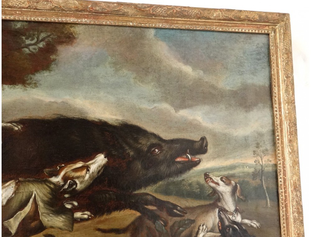 Pair HST scenes wolf hunting boar dogs French School Eighteenth