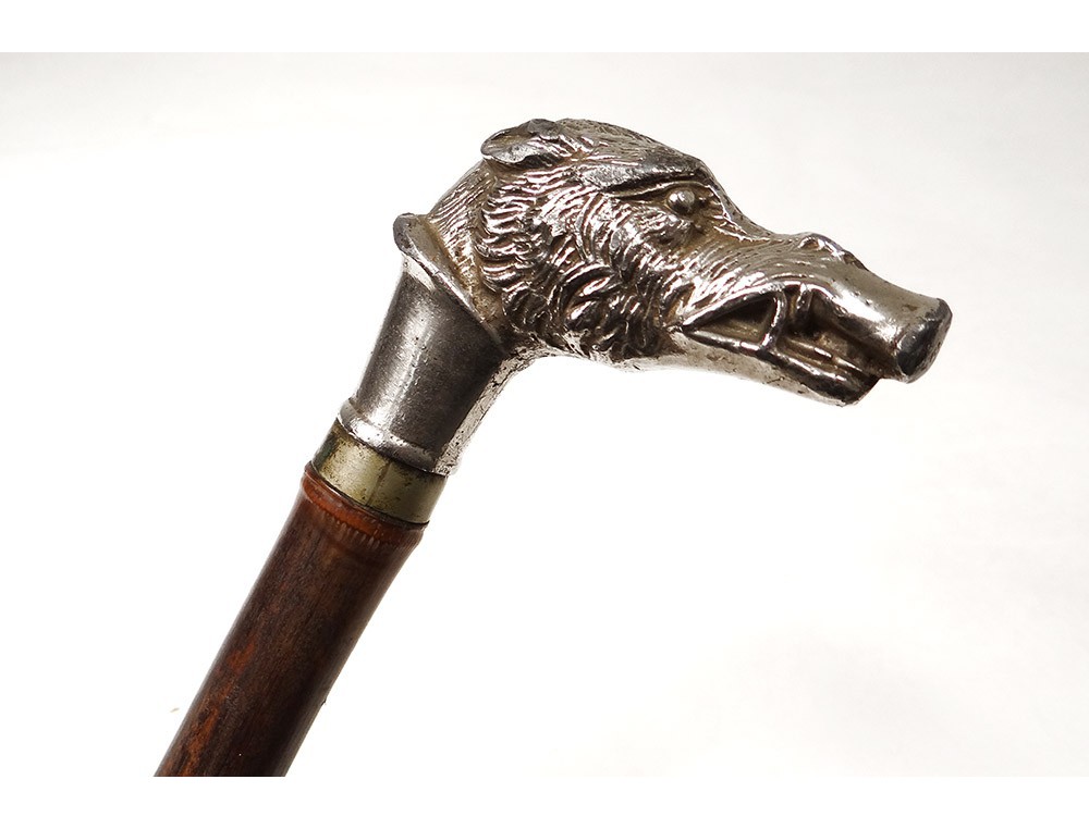 Canne à système lance-eau bois bambou tête sanglier métal argenté cane XIXè