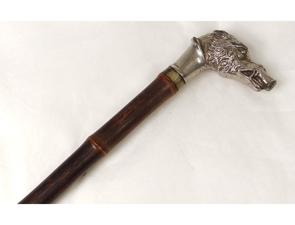 Canne à système lance-eau bois bambou tête sanglier métal argenté cane XIXè