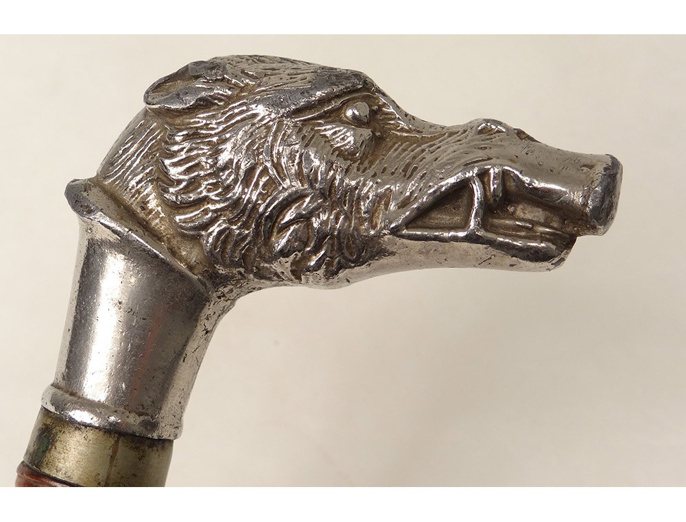 Canne à système lance-eau bois bambou tête sanglier métal argenté cane XIXè