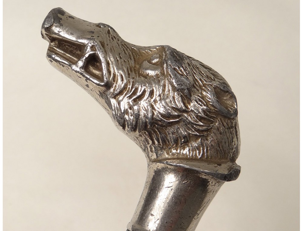 Canne à système lance-eau bois bambou tête sanglier métal argenté cane XIXè