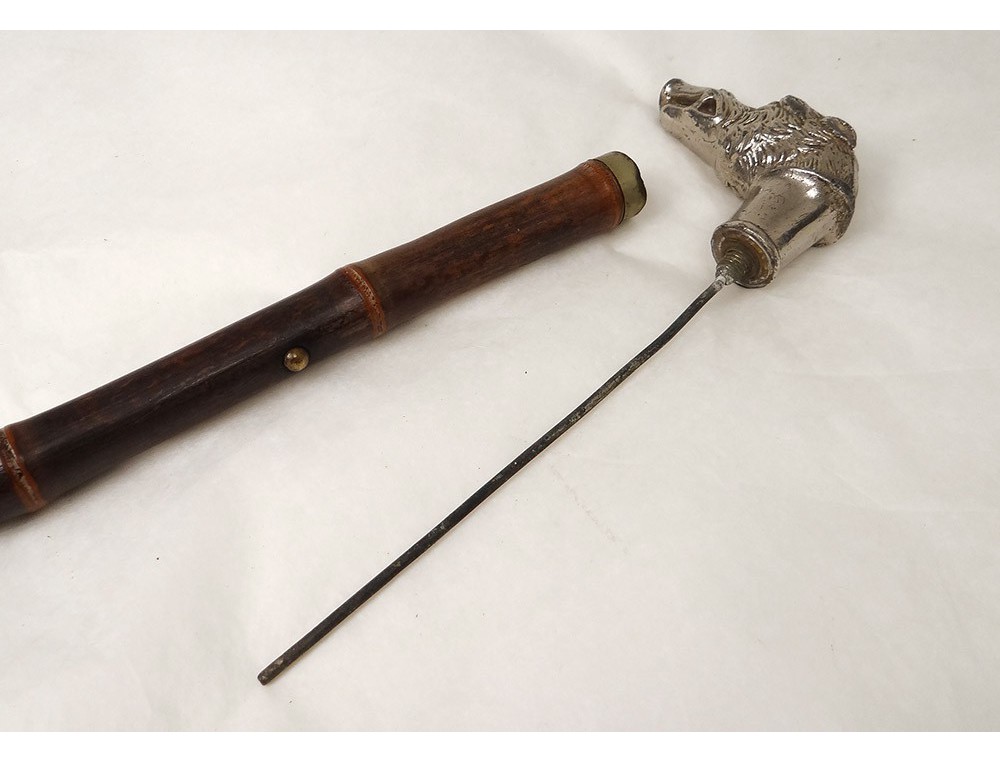 Canne à système lance-eau bois bambou tête sanglier métal argenté cane XIXè