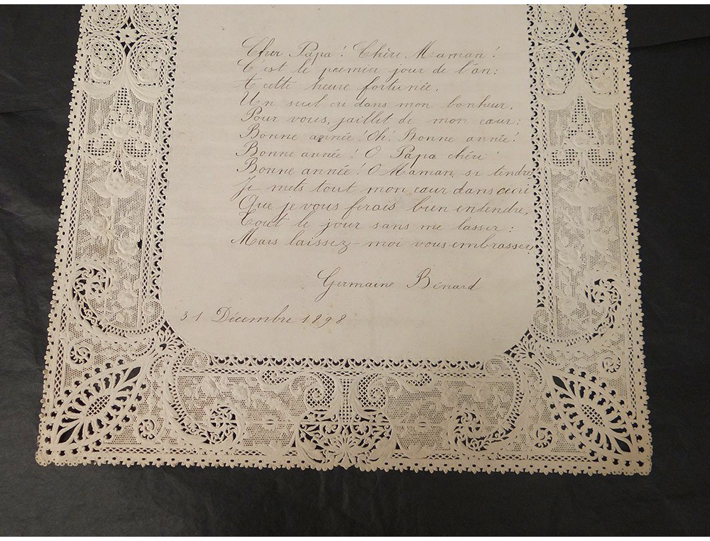 Canivet pious image paper lace bouquet flowers Happy New Year 1898 XIX