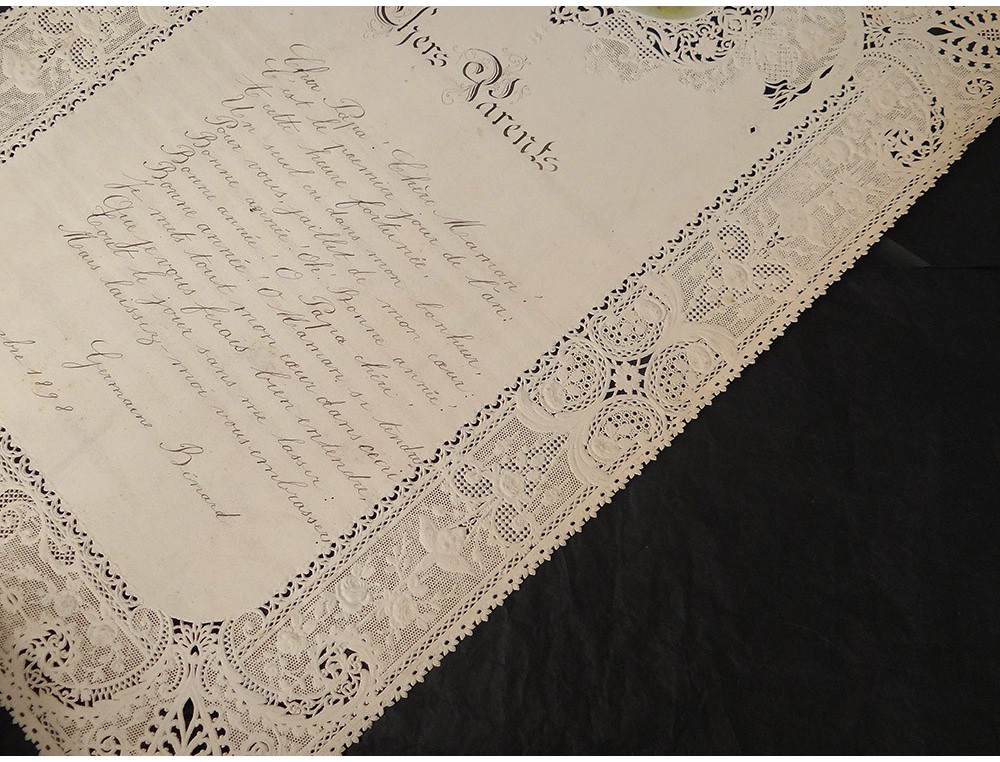 Canivet pious image paper lace bouquet flowers Happy New Year 1898 XIX