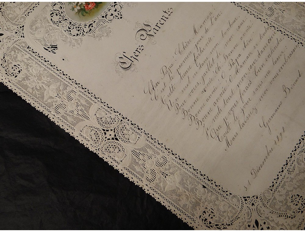Canivet pious image paper lace bouquet flowers Happy New Year 1898 XIX