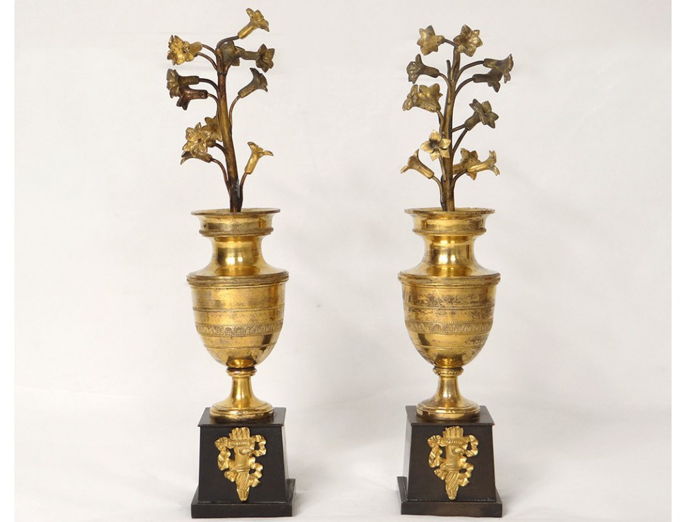 Cassolettes pair gilded bronze antique vases Medici flowers nineteenth ...