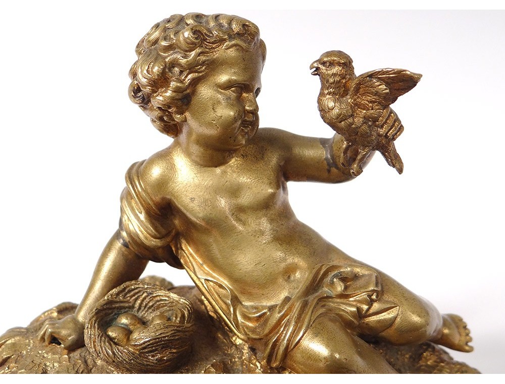gilt bronze sculpture toddler bird cherub red marble XIXth century
